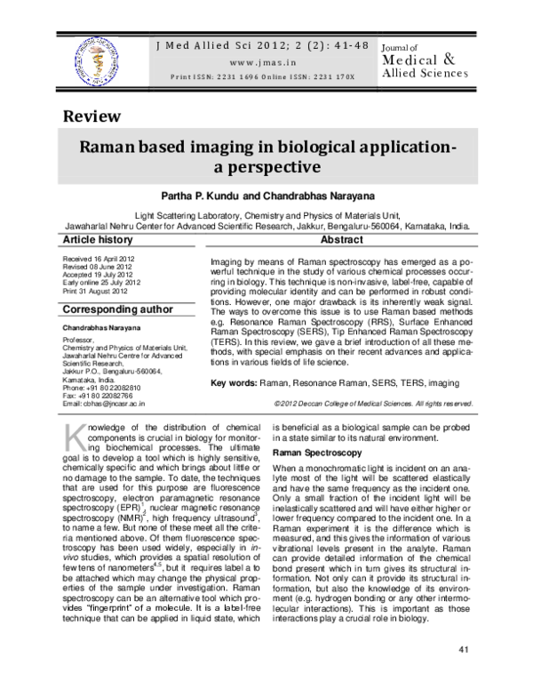 (PDF) Raman based imaging in biological application- a perspective