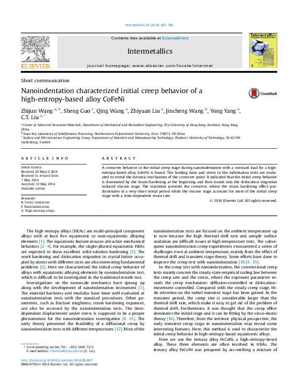 Pdf Nanoindentation Characterized Initial Creep Behavior Of A High Entropy Based Alloy Cofeni