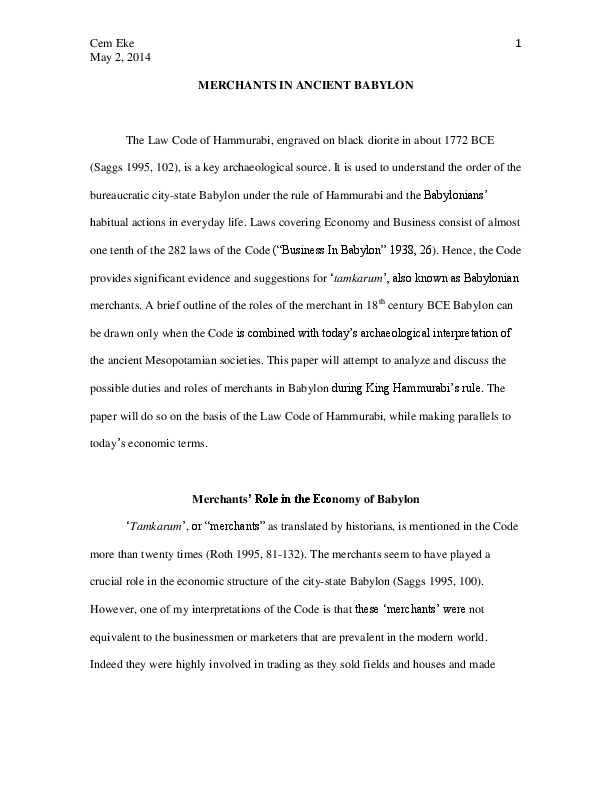 (DOC) The Roles of the Merchant in Ancient Babylon