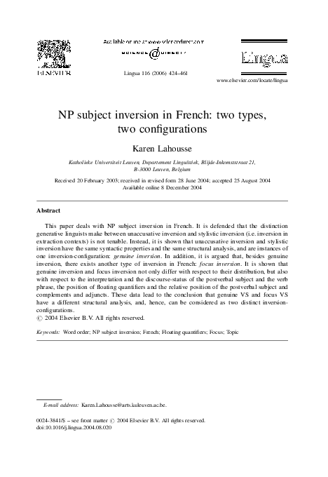 (PDF) 2006 NP subject inversion in French: two types, two ...