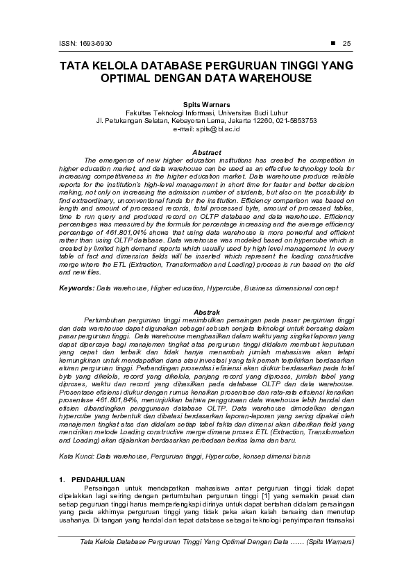 (PDF) Tata Kelola Database Perguruan Tinggi Yang Optimal Dengan Data Warehouse | Harco Leslie ...