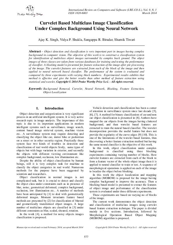 Pdf Curvelet Based Multiclass Image Classification Under Complex Background Using Neural Networ