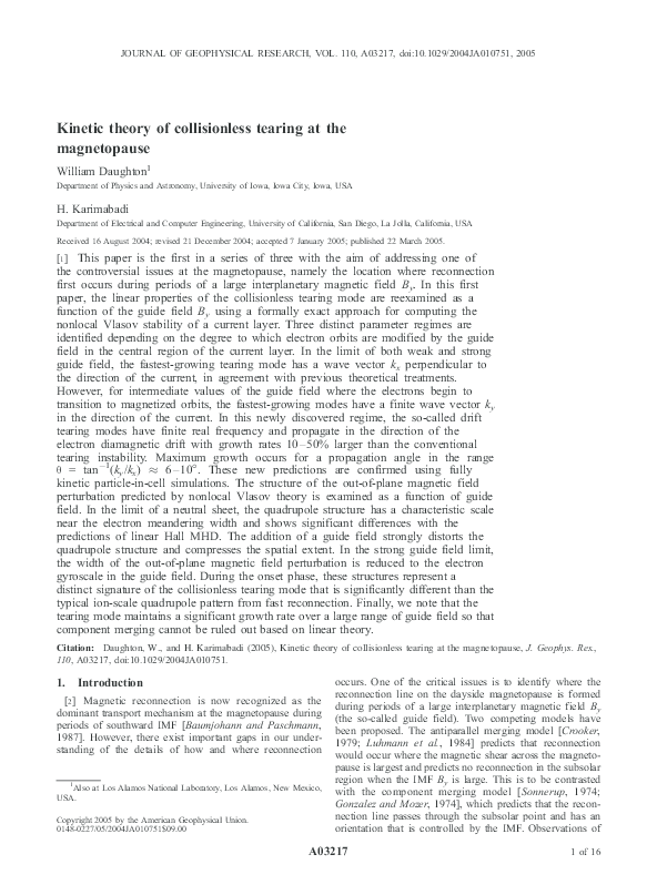 (PDF) Kinetic theory of collisionless tearing at the magnetopause