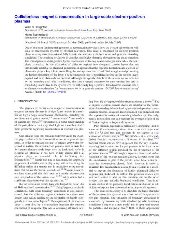 (PDF) Collisionless magnetic reconnection in large-scale electron-positron plasmas