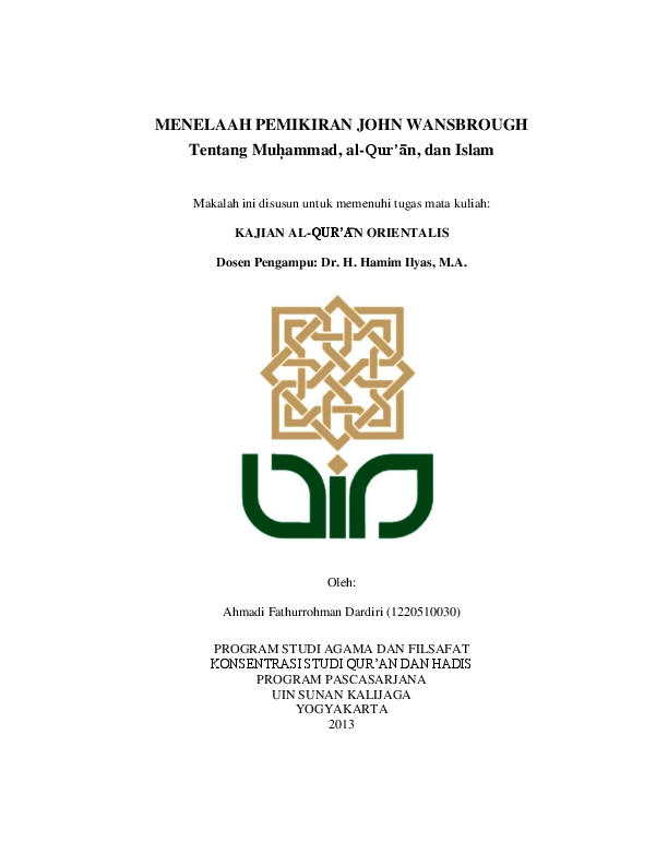(PDF) Makalah S2 - Menelaah Pemikiran John Wansbrough Tentang Muhammad ...
