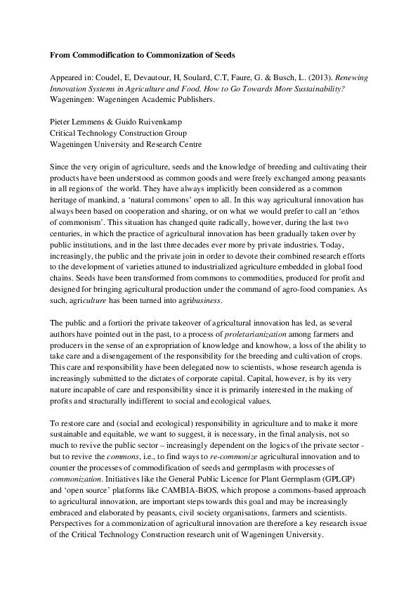 (PDF) From Commodification to Commonization of Seeds