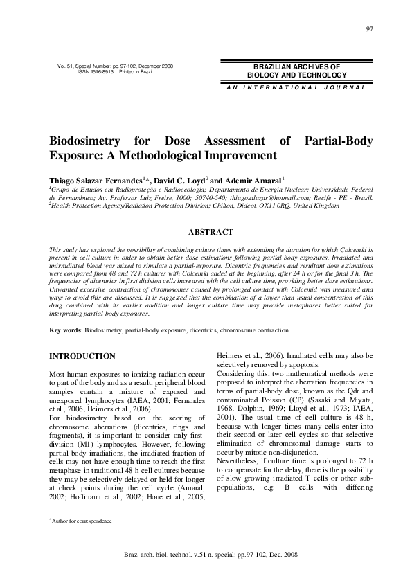 (PDF) Biodosimetry for dose assessment of partial-body exposure: a ...