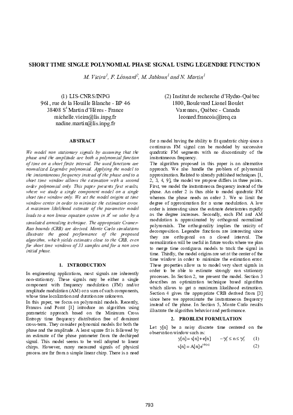 (PDF) SHORT TIME SINGLE POLYNOMIAL PHASE SIGNAL USING LEGENDRE FUNCTION