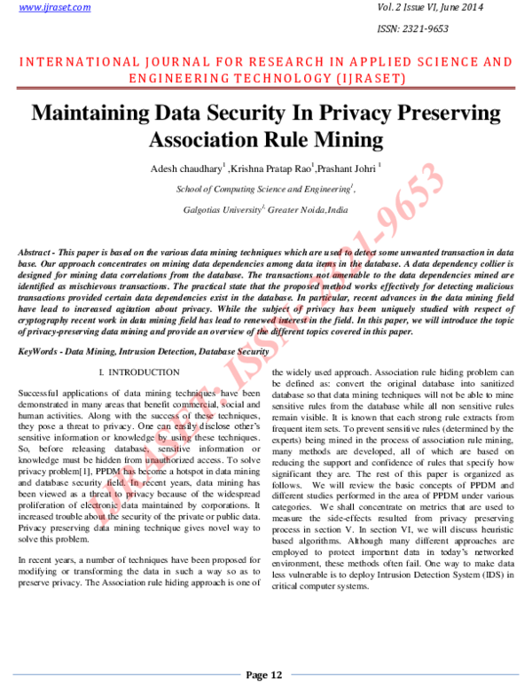 Pdf Maintaining Data Security In Privacy Preserving Association Rule Mining 1608