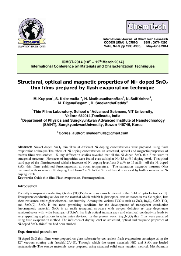 (PDF) Structural,Optical and Magnetic properties of Ni- doped SnO2 thinfilms prepared by flash ...