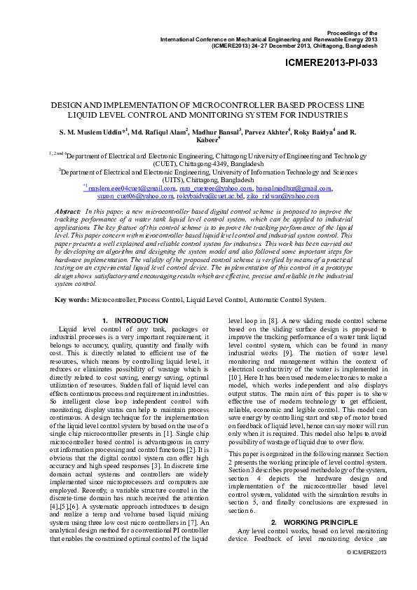 Pdf Design And Implementation Of Micro Controller Based Process Line Liquid Level Control And