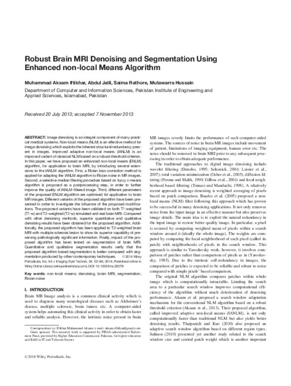 Pdf Robust Brain Mri Denoising And Segmentation Using Enhanced Non Local Means