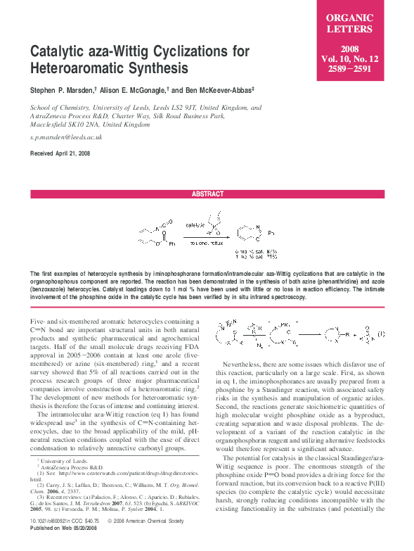 (PDF) Catalytic aza-Wittig Cyclizations for Heteroaromatic Synthesis