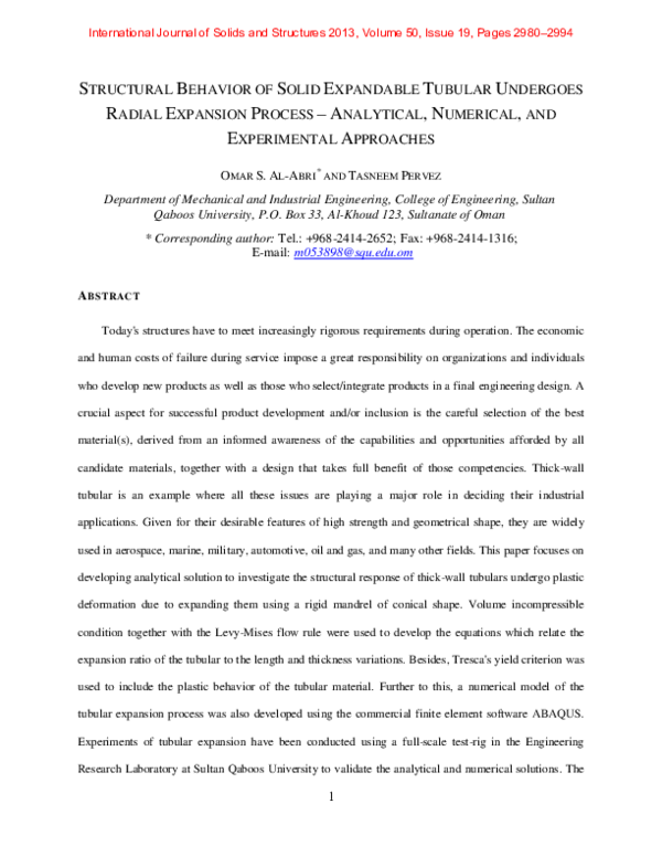 (PDF) Structural behavior of solid expandable tubular undergoes radial ...