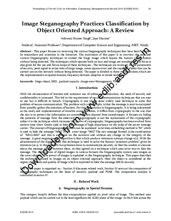 (PDF) Image Steganography Practices Classification by Object Oriented Approach: A Review