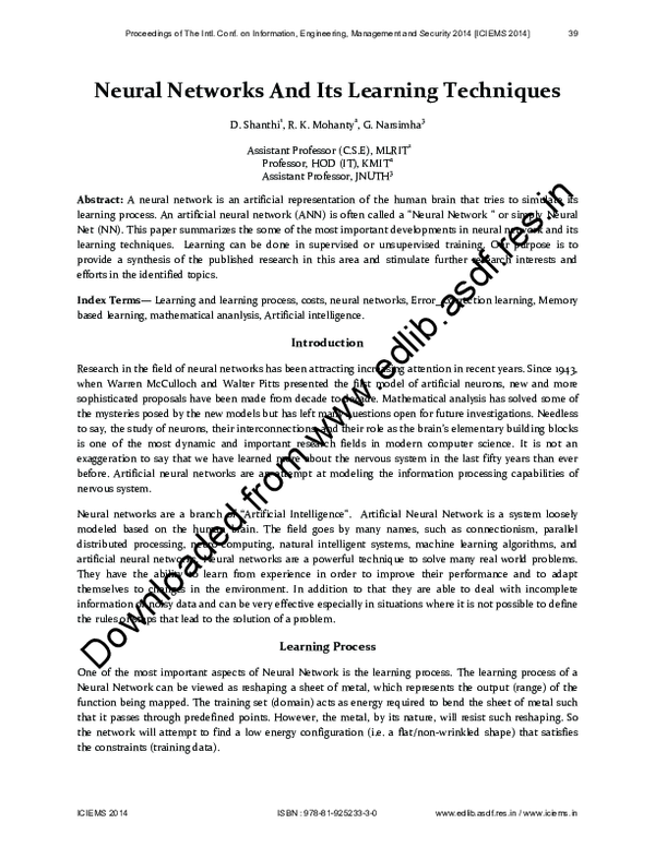(PDF) Neural Networks and Its Learning Techniques