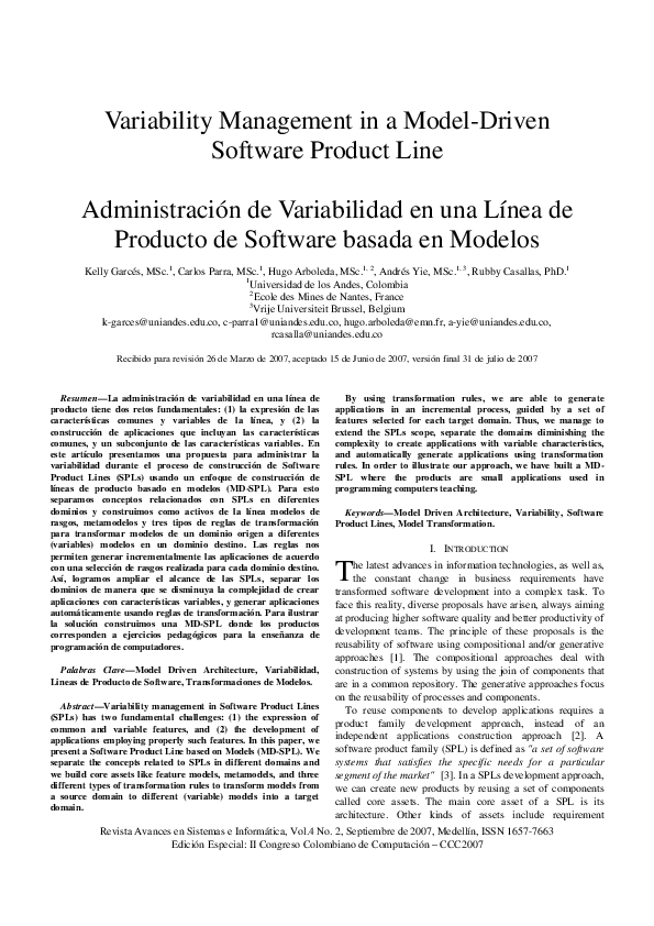 (PDF) Variability Management in a Model-Driven Software Product Line Administración de ...