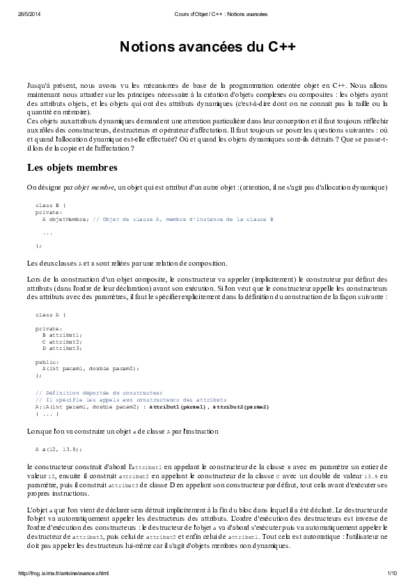 (PDF) Cours d'Objet C++ Notions avancées
