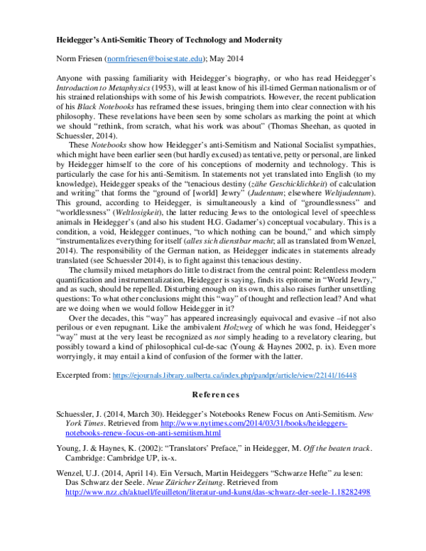(PDF) Excerpt on Heidegger's Black Notebooks from Phenomenology & Practice (PDF) Excerpt on Heidegger's Black Notebooks from Phenomenology & Practice