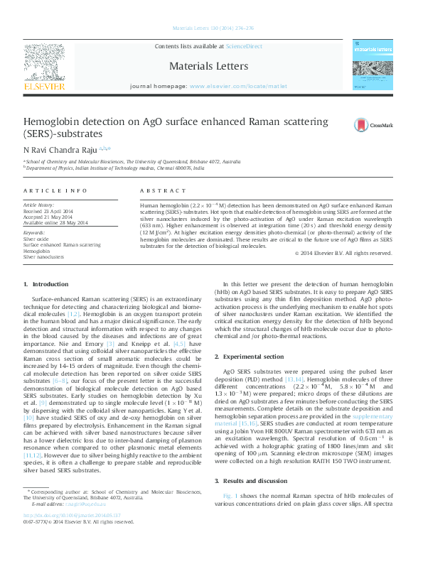 (PDF) Hemoglobin detection on AgO surface enhanced Raman scattering ...