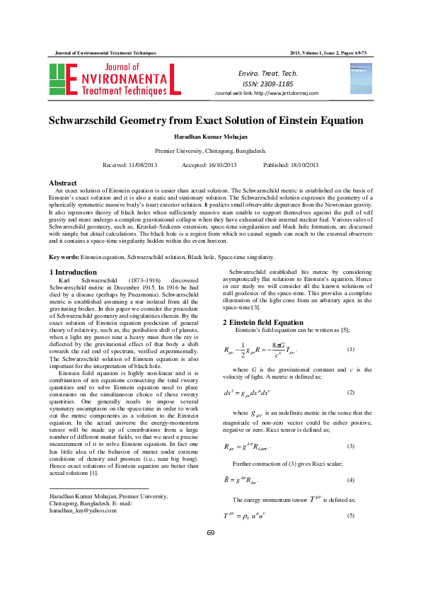(PDF) Schwarzschild Geometry from Exact Solution of Einstein Equation
