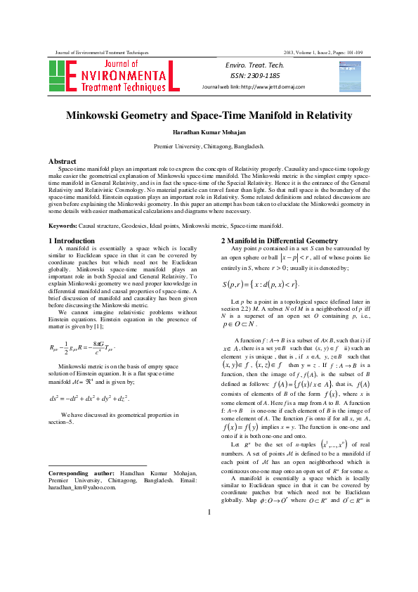 (PDF) Minkowski Geometry and Space-Time Manifold in Relativity