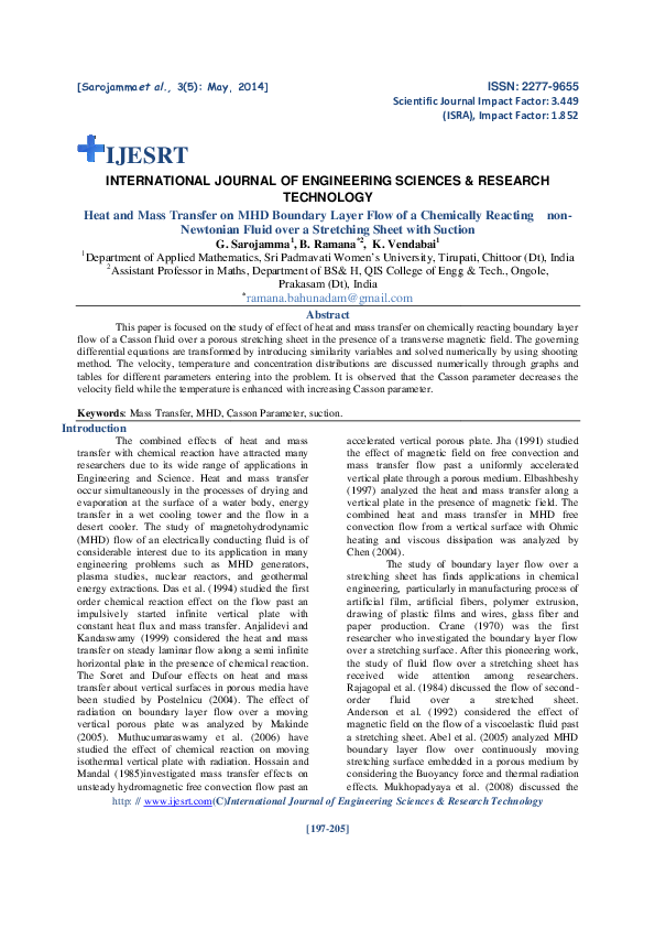 Pdf Heat And Mass Transfer On Mhd Boundary Layer Flow Of A Chemically Reacting Non Newtonian