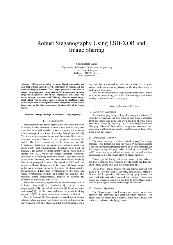 (PDF) Robust Steganography Using LSB-XOR and Image Sharing