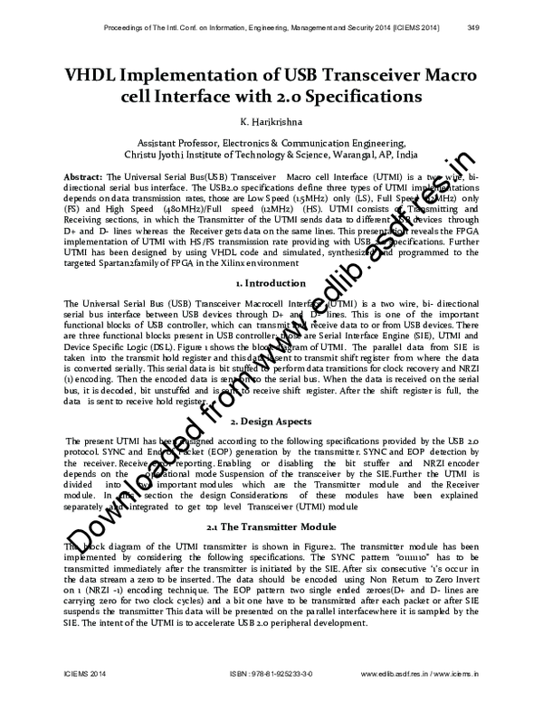 (PDF) VHDL Implementation of USB Transceiver Macro cell Interface with 2.0 Specifications