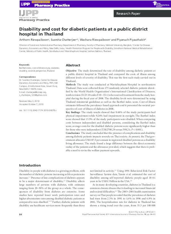 (PDF) Disability and cost for diabetic patients at a public district ...