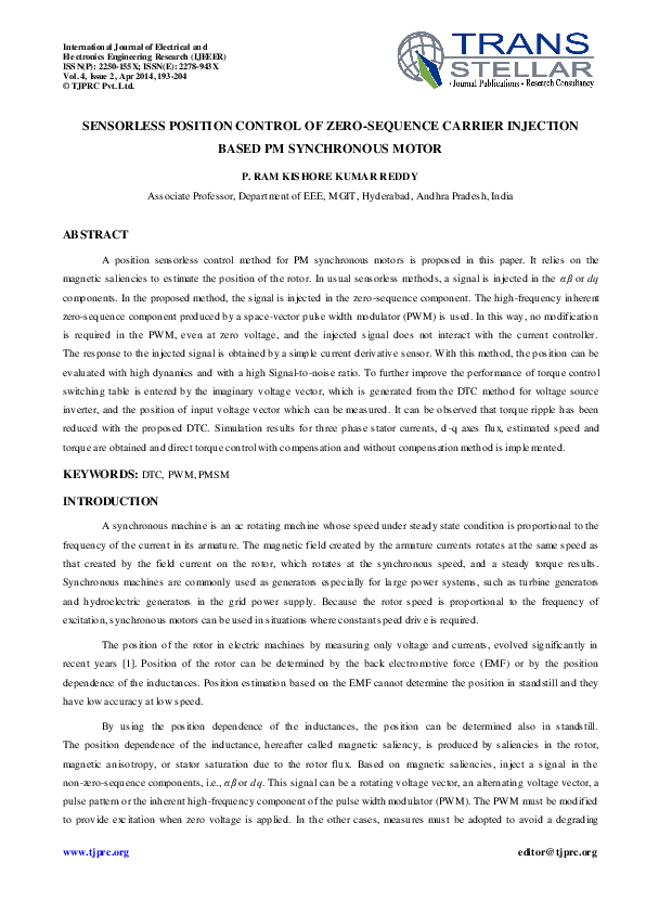 Pdf Sensorless Position Control Of Zero Sequence Carrier Injection Based Pm Synchronous Motor
