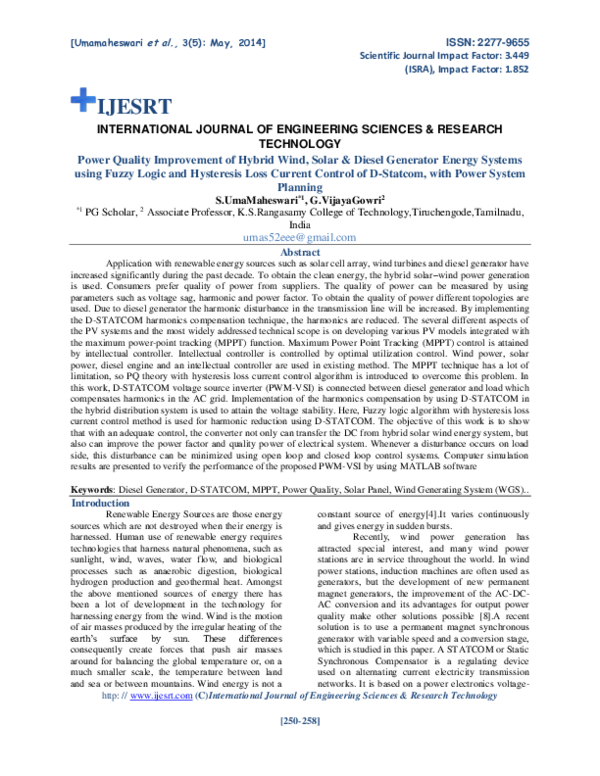 Pdf Power Quality Improvement Of Hybrid Wind Solar And Diesel Generator Energy Systems Using