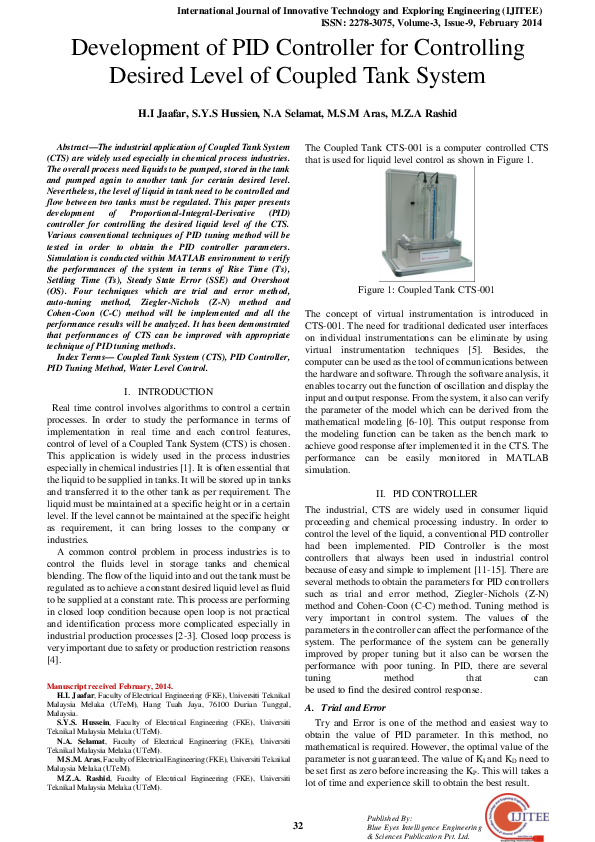 Development of PID Controller for Controlling Desired Level of Coupled ...