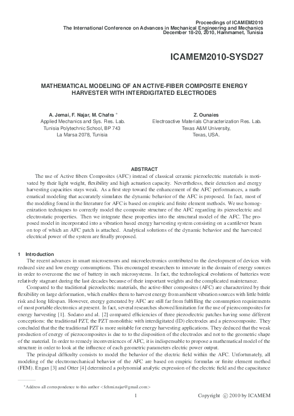 (PDF) Mathematical Modeling of an Active Fiber Composite Energy Harvester with Interdigitated ...