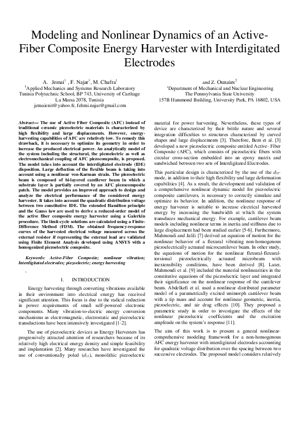 (PDF) Modeling and Nonlinear Dynamics of an Active Fiber Composite Energy Harvester with ...