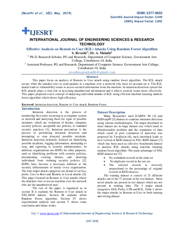 (PDF) Effective Analysis on Remote to User (R2L) Attacks Using Random Forest Algorithm. | Ijesrt ...