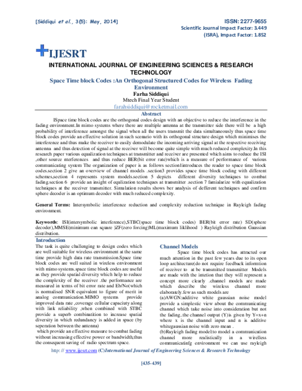 Pdf Space Time Block Codes An Orthogonal Structured Codes For Wireless Fading Environment 0156