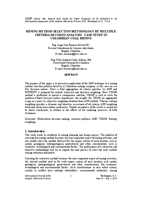 (PDF) MINING METHOD SELECTION METODOLOGY BY MULTIPLE CRITERIA DECISION ANALYSIS - CASE STUDY IN ...