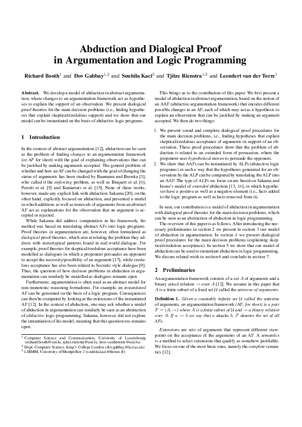 (PDF) Abduction and Dialogical Proof in Argumentation and Logic Programming