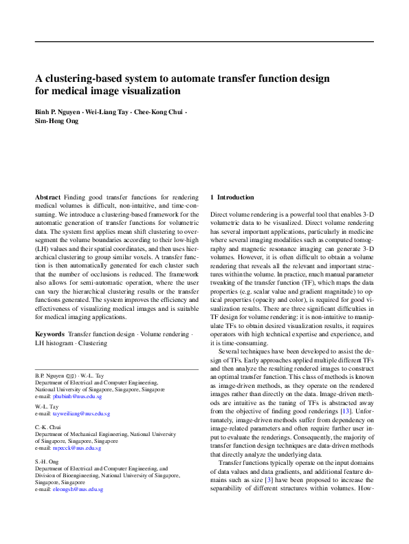 Pdf A Clustering Based System To Automate Transfer Function Design For Medical Image Visualization