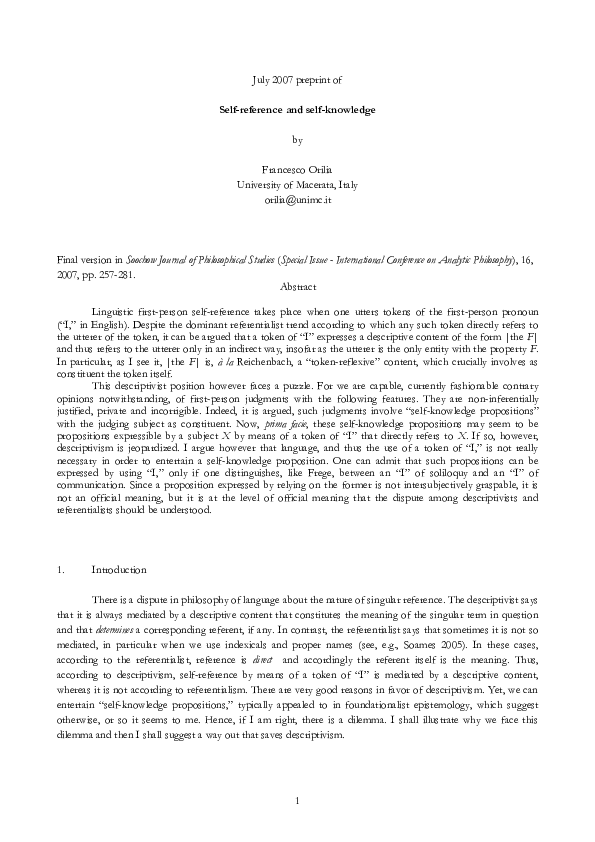 (PDF) Self-Reference and Self-Knowledge