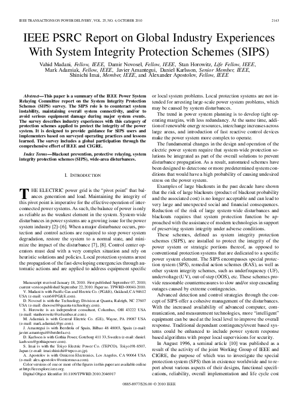 (PDF) IEEE PSRC Report on Global Industry Experiences With System Integrity Protection Schemes (SIPS