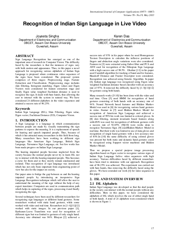 (PDF) Recognition of Indian Sign Language in Live Video