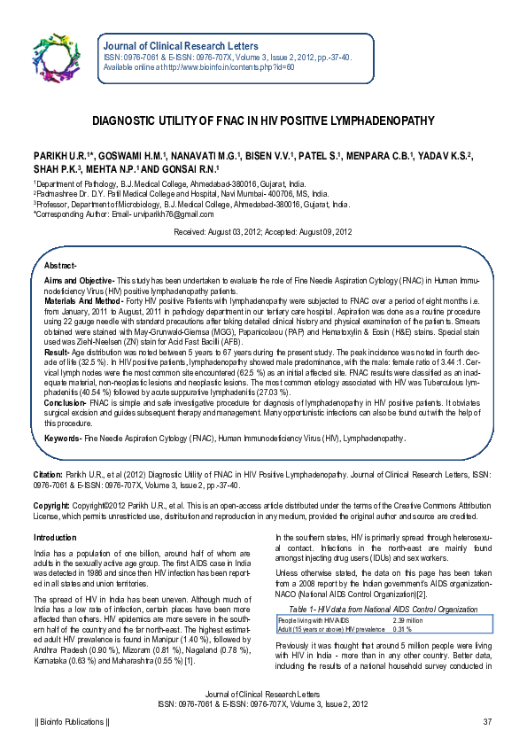 (PDF) Bioinfo Publications || 37 DIAGNOSTIC UTILITY OF FNAC IN HIV POSITIVE LYMPHADENOPATHY