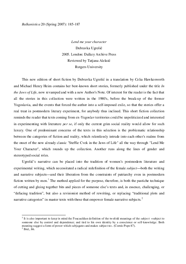 (PDF) Review of Dubravka Ugrešić, Lend Me Your Character, trans.Celia ...