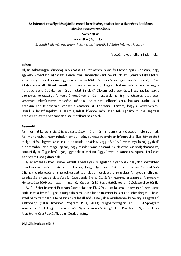 (PDF) Az internet veszélyei és ajánlás ennek kezelésére, elsősorban a ...