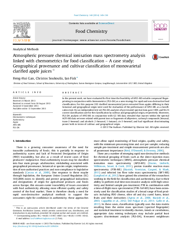 Pdf Apci Ms Analysis Linked With Chemometrics For Food Classification