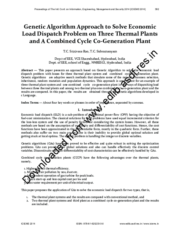 Pdf Genetic Algorithm Approach To Solve Economic Load Dispatch Problem On Three Thermal Plants