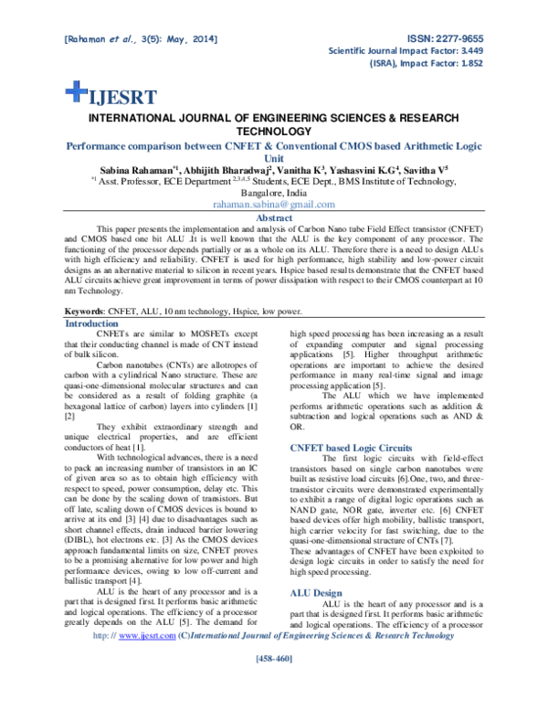 Pdf Performance Comparison Between Cnfet And Conventional Cmos Based Arithmetic Logic Unit