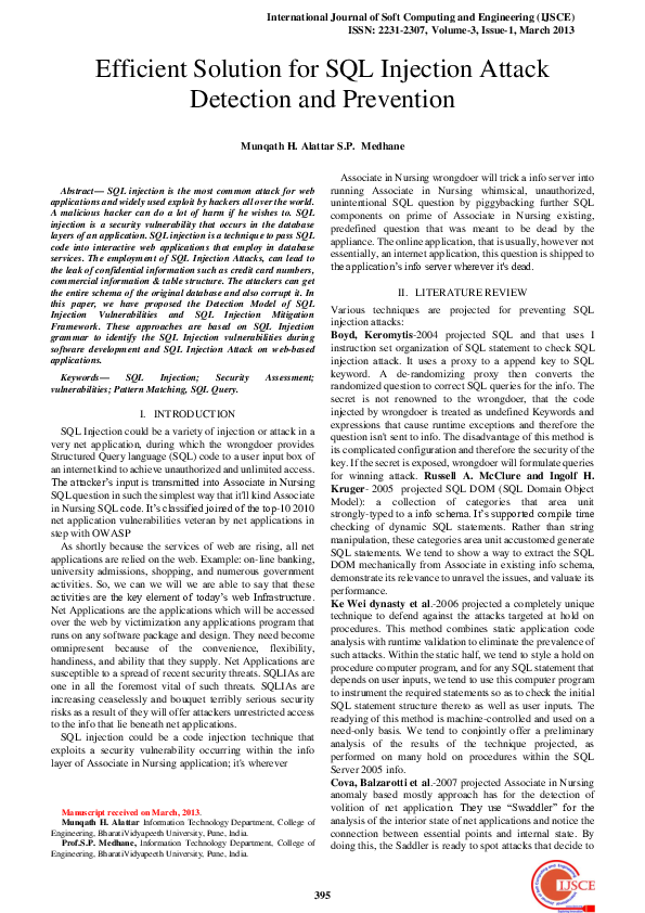 (PDF) Efficient Solution for SQL Injection Attack Detection and ...